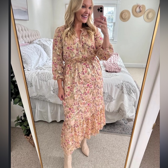 LOFT | Dresses | Loft 2 Shimmer Floral Long Sleeve Boho Tiered Maxi ...